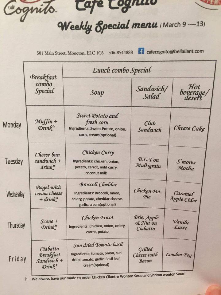 Menu at Café Cognito, Moncton
