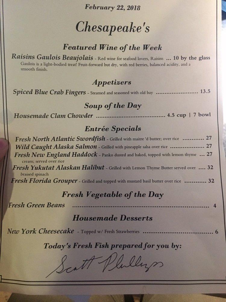 Menu at Chesapeake's Seafood Restaurant, Knoxville, Parkside Dr