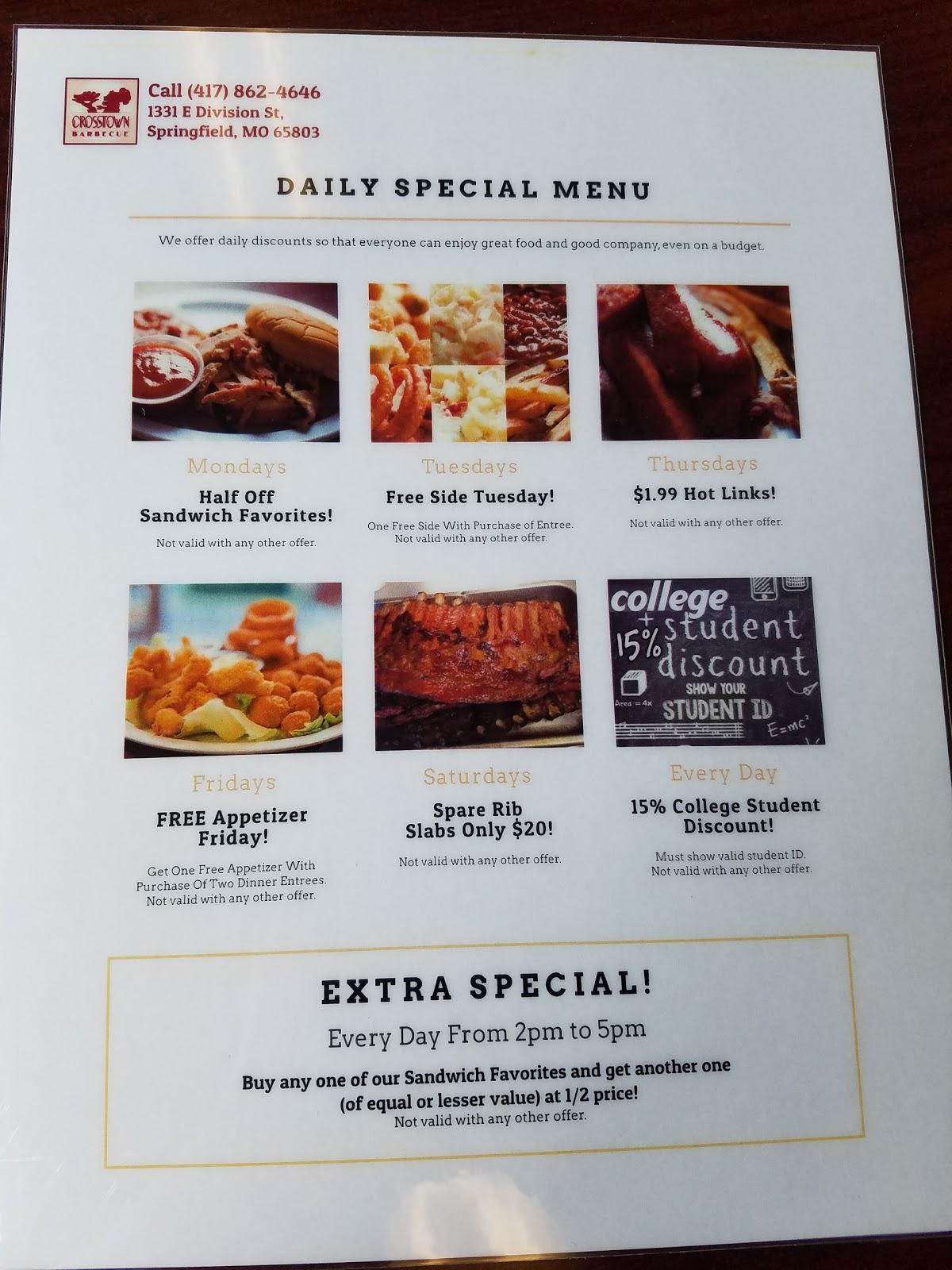 Menu at Crosstown Barbecue, Springfield