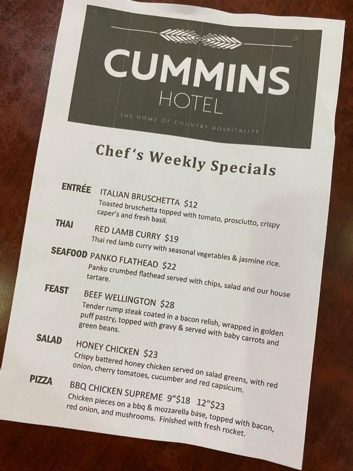 Menu at Cummins Hotel pub & bar, Cummins