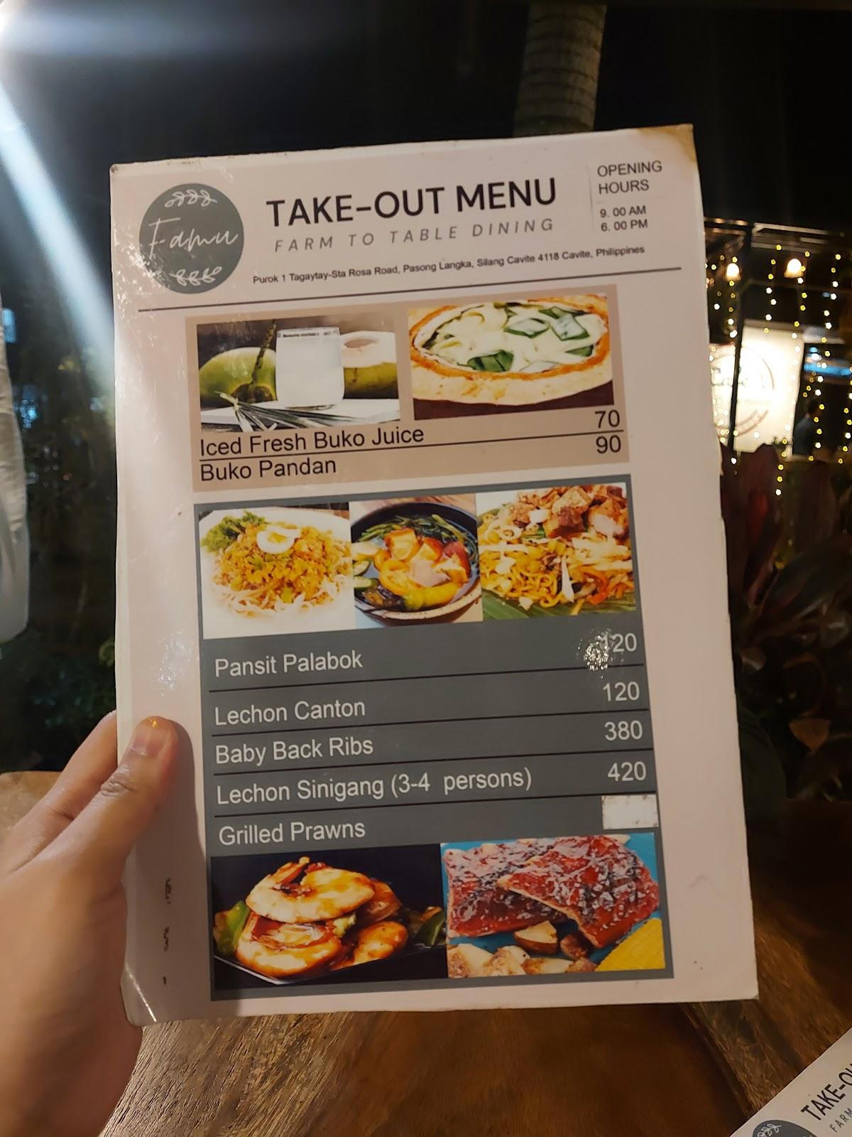 Menu at Famu Filipino Farm to Table restaurant, Silang