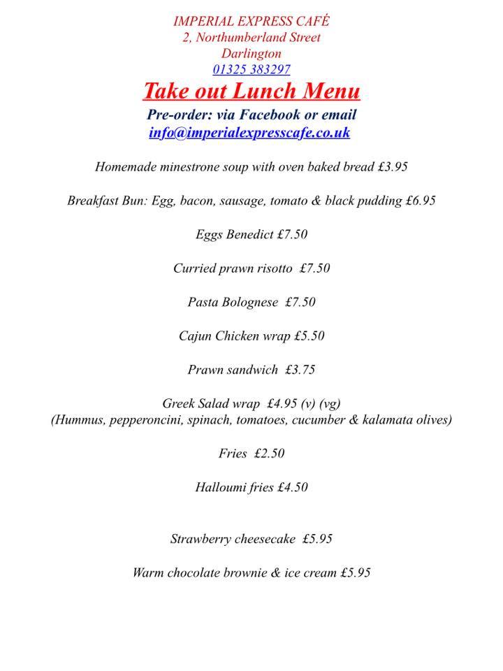 Menu at Imperial Express cafe, Darlington