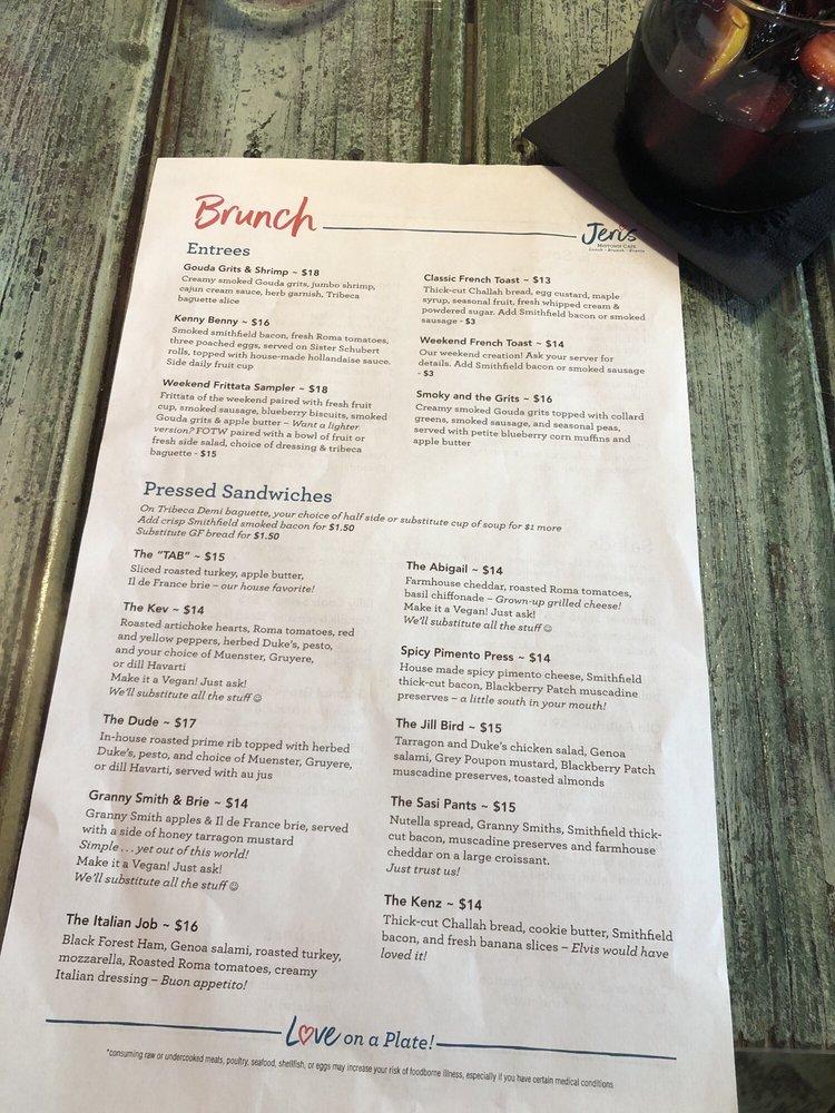 Carta de Jeri's Midtown Cafe, Tallahassee