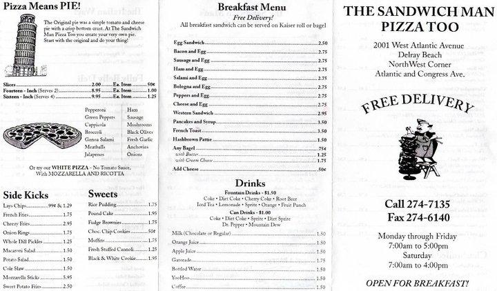 Menu at Sandwich Man Pizza Too pizzeria, Delray Beach