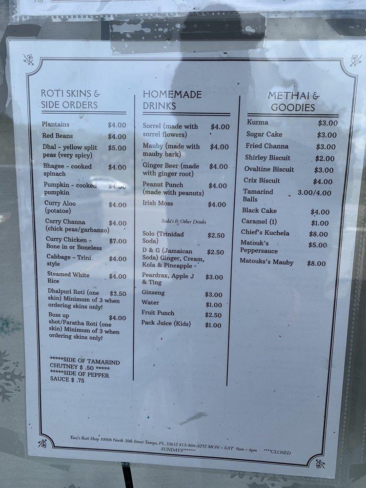 Menu at Tara's Roti Shop restaurant, Tampa