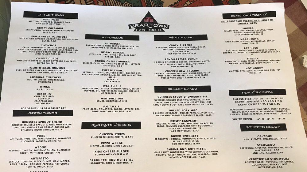 Menu at Beartown Bistro & Pizza Company pizzeria, New Bern