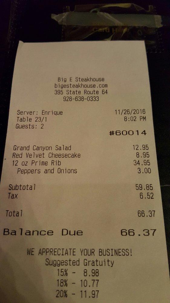 Menu at Big E Steakhouse & Saloon, Tusayan