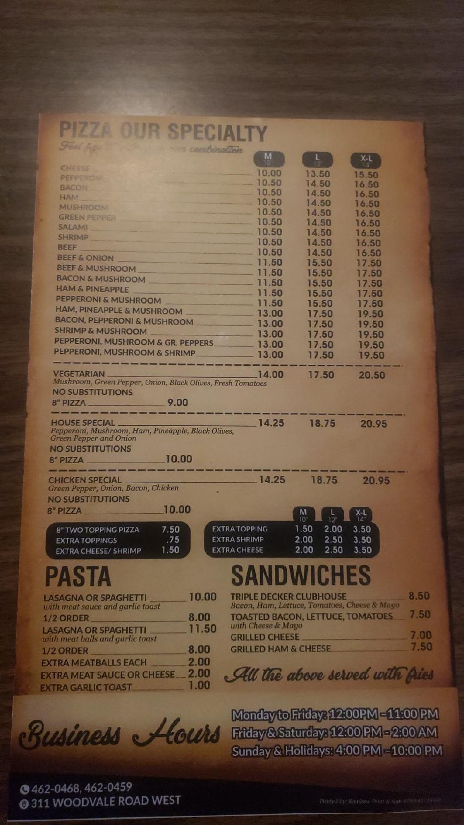 Menu at Hillview Pub & Woodvale Pizza, Edmonton