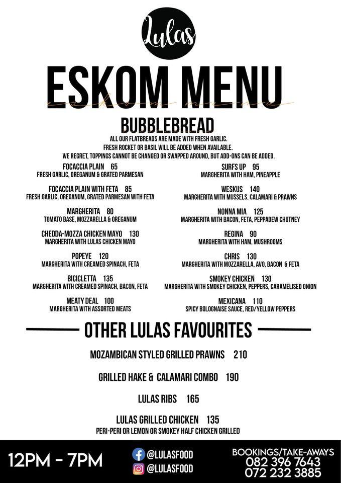 Menu at Lulas Food restaurant, Yzerfontein