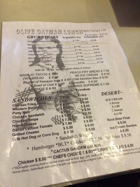 Menu at Olive Oatman Restaurant & Saloon, Oatman