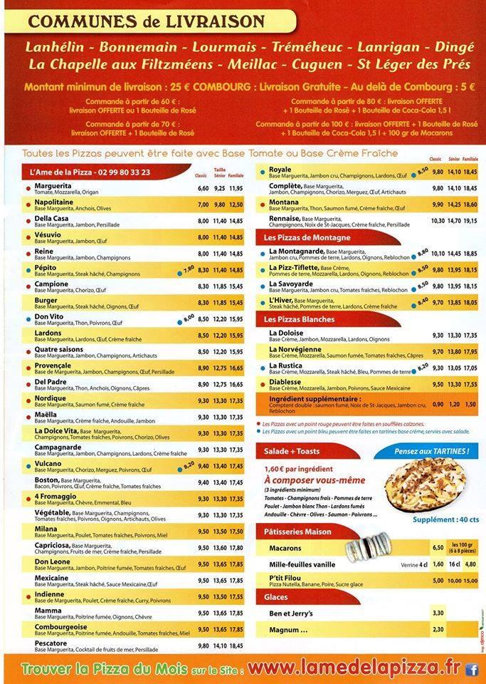 Menu at L'AME DE LA PIZZA restaurant, Combourg