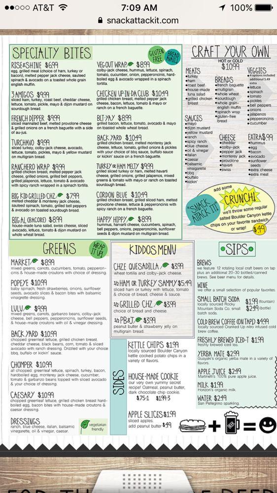 Menu at Snack Attack Specialty Sandwiches & Brews pub & bar, Fort Collins