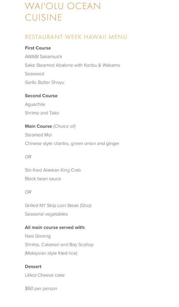 Menu at Wai'olu Ocean Cusine restaurant, Honolulu