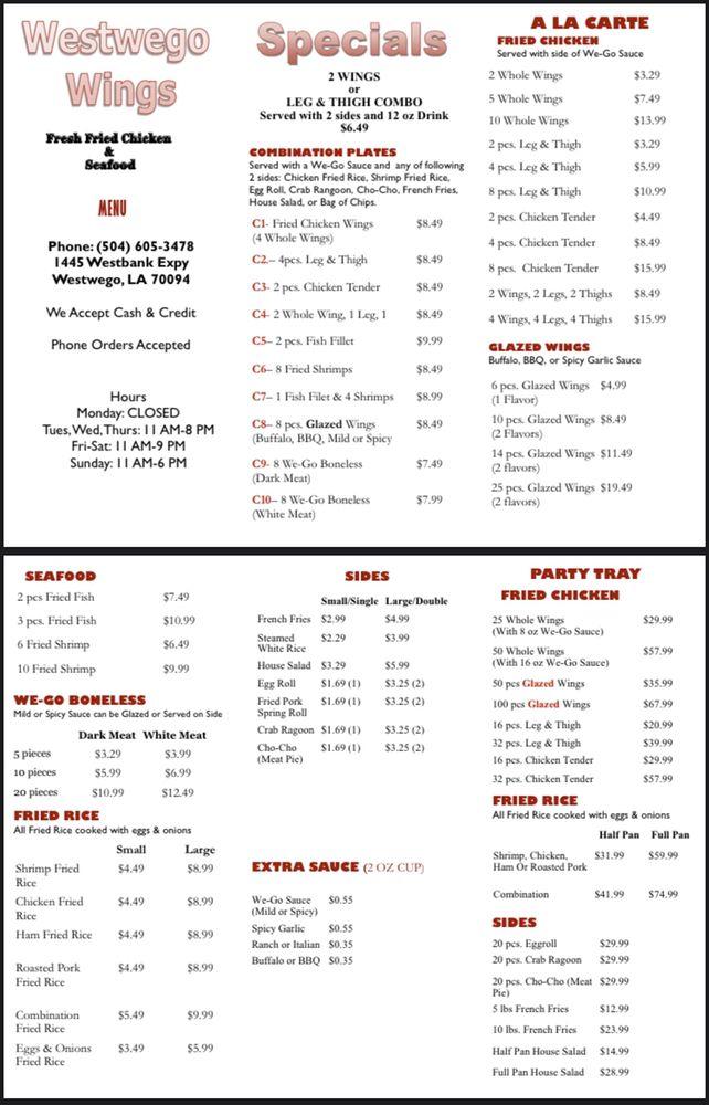 Menu at Westwego Wings restaurant, Westwego