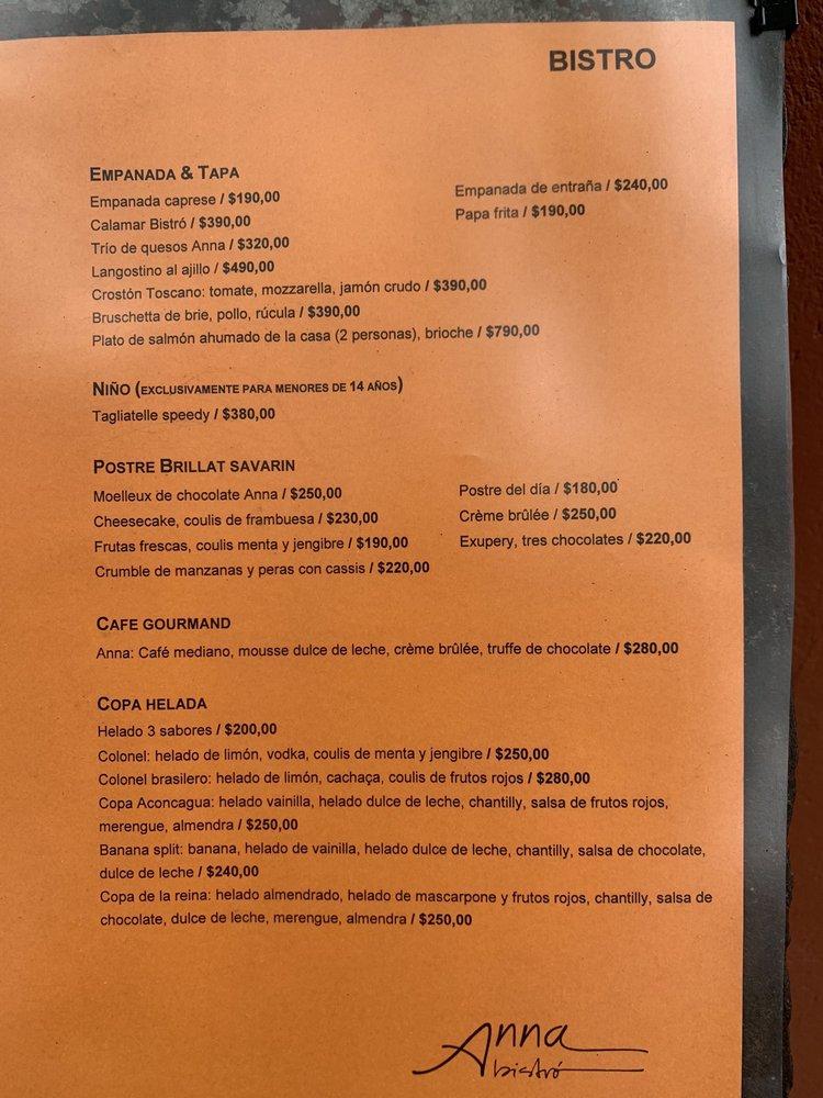 Menu at Anna Bistró restaurant, Mendoza