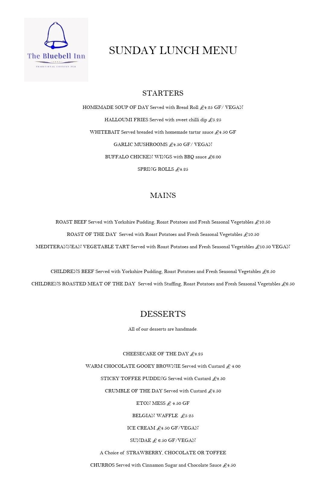 Menu at Blue Bell pub & bar, Worcester