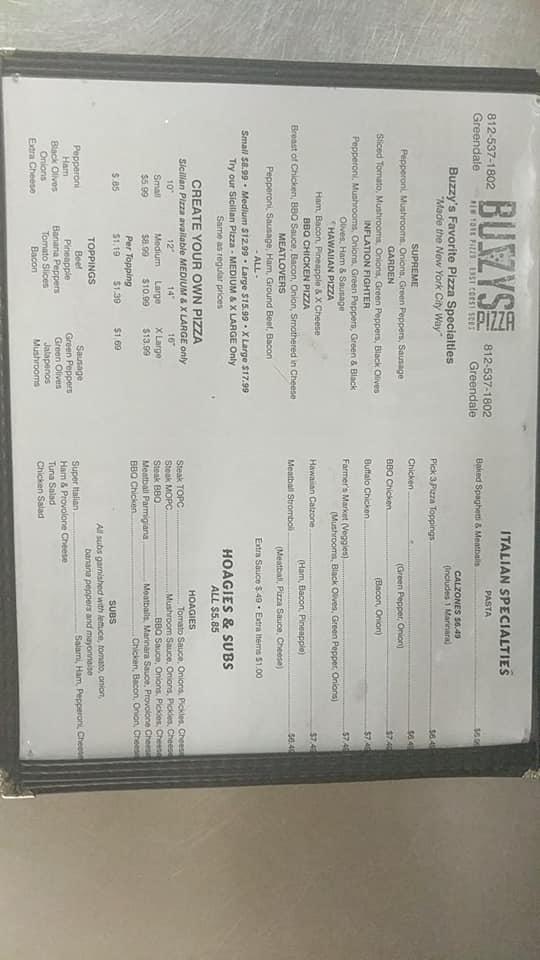 Menu at Buzzy's NYPD pizzeria, Greendale
