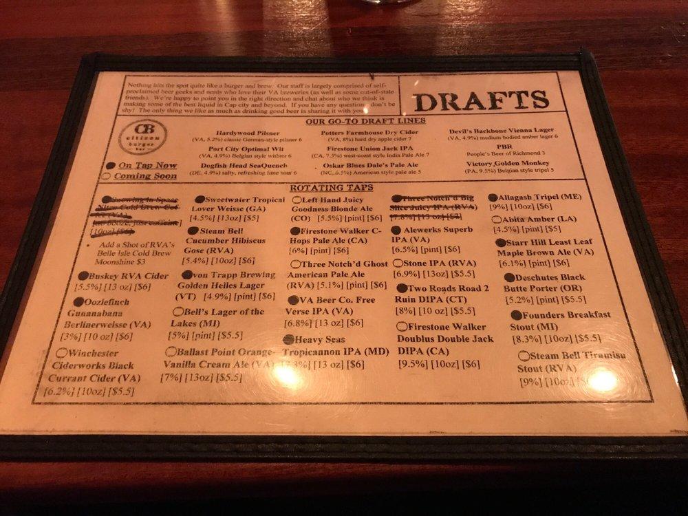 Menu at Citizen Burger Bar, Richmond