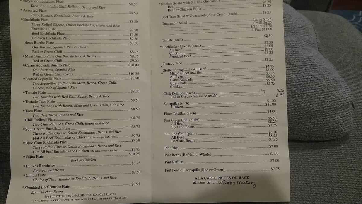 Menu at Eloy's restaurant, Albuquerque