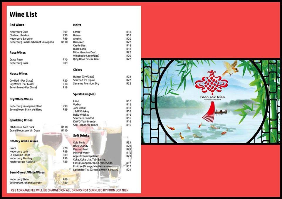 Menu at Foon Lok Nien Chinese restaurant, Westville