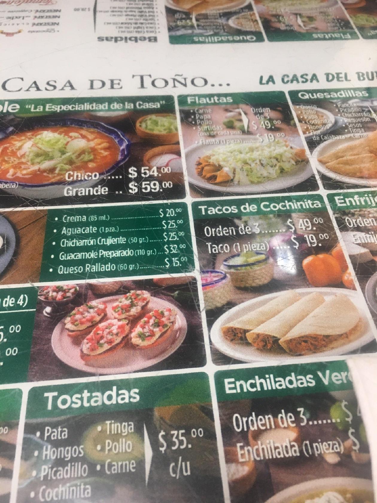 Carta del restaurante La Casa De Toño, Ciudad López Mateos, Dolores 7