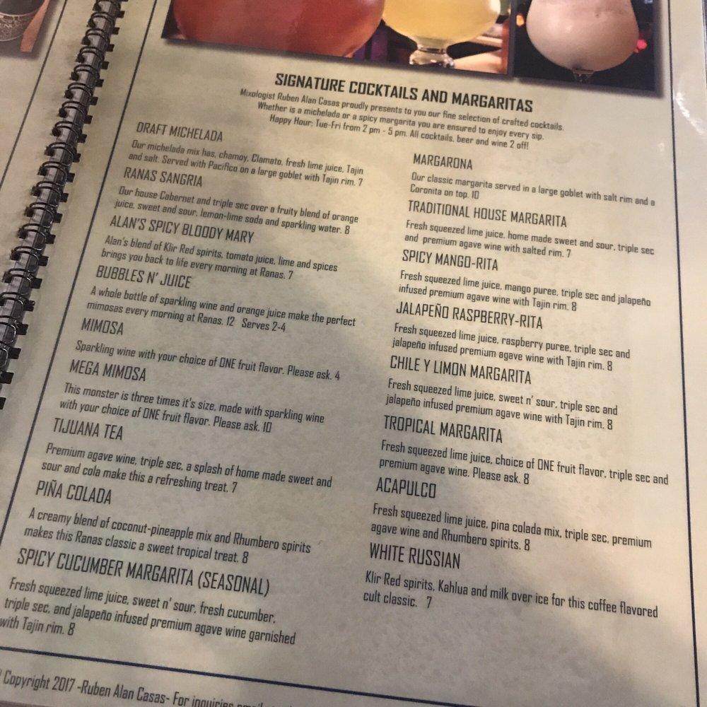 Menu at Ranas restaurant, Spring Valley