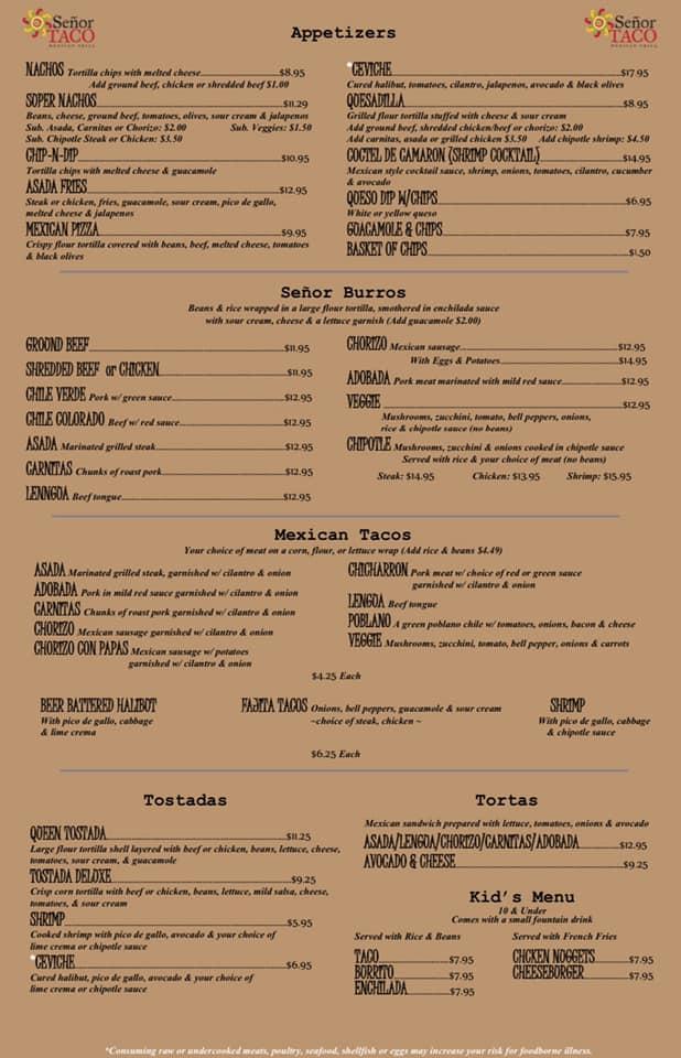 Menu at Señor Taco Mexican Grill restaurant, Wasilla, 860 Roberts St