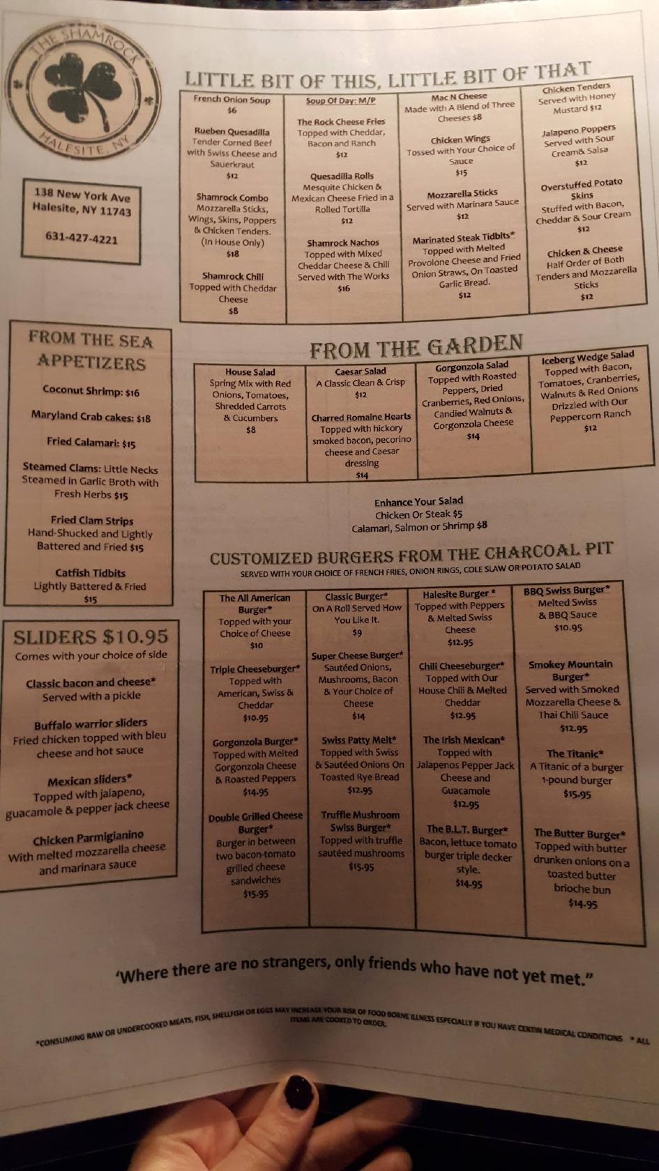 Menu at Shamrock pub & bar, Huntington, 138 New York Ave