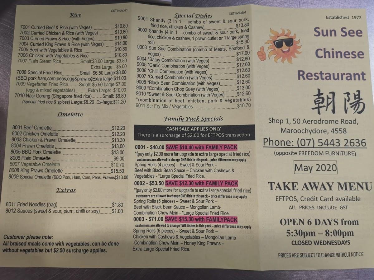 Menu at Sun See Chinese Restaurant, Maroochydore, 1/50 Aerodrome Rd