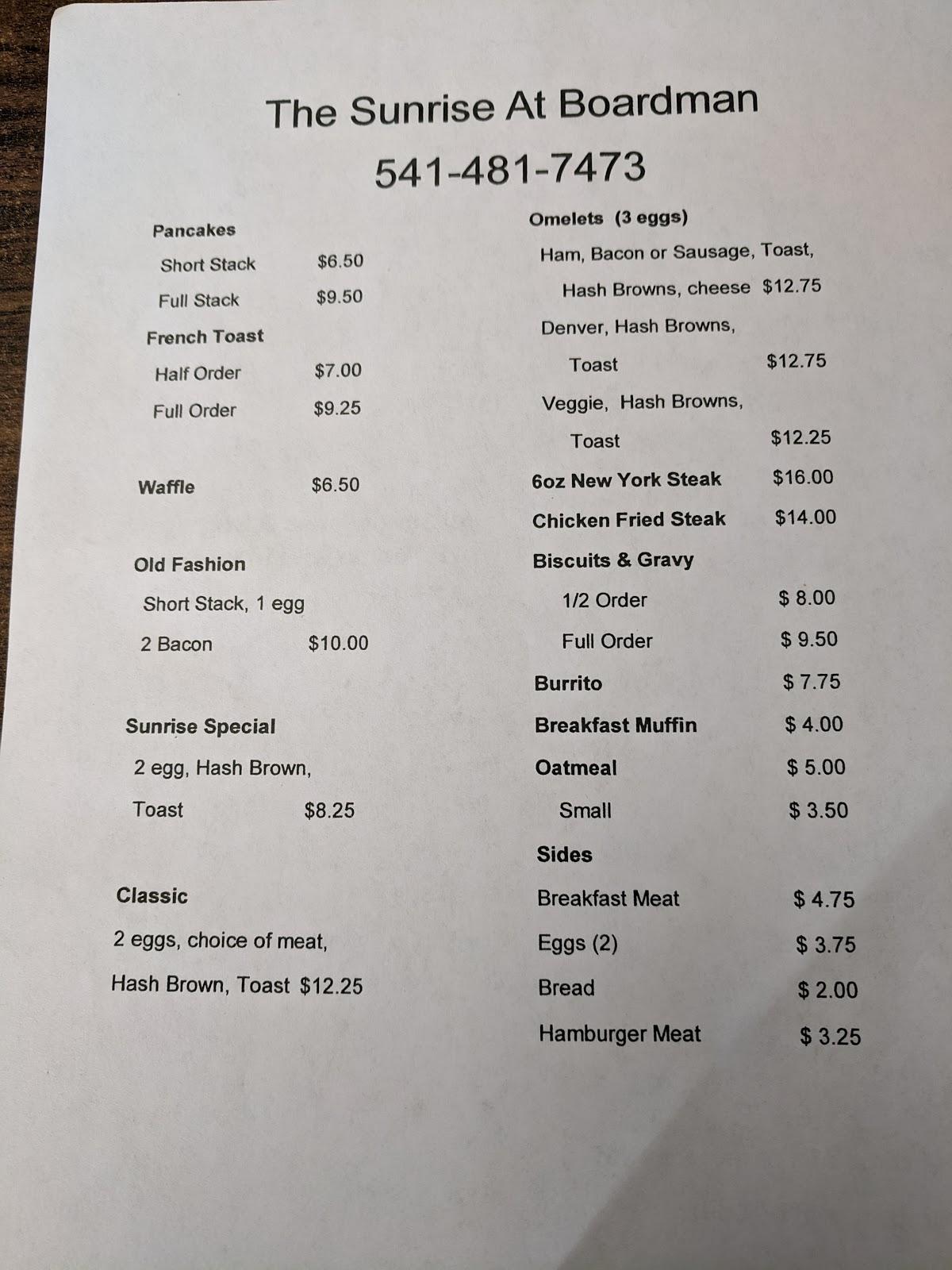 Menu at Sunrise At Boardman restaurant, Boardman