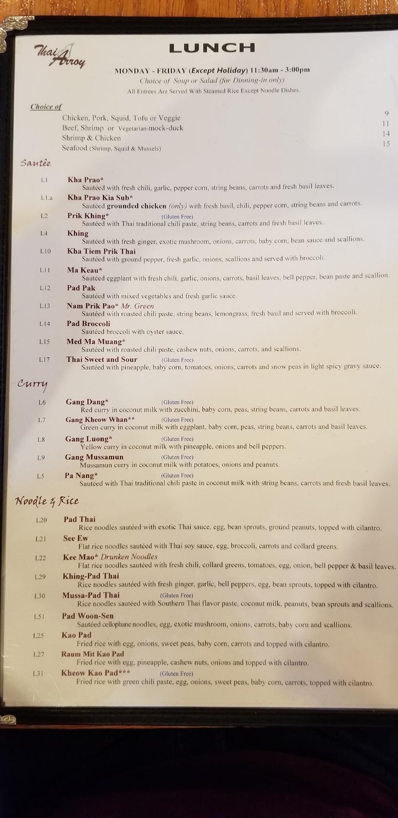 Menu at Thai Arroy Baltimore restaurant, Baltimore