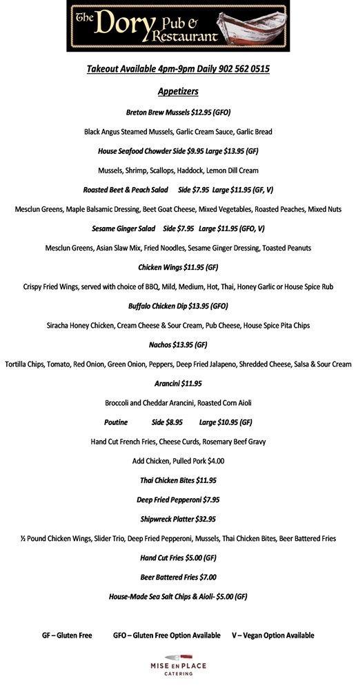 Carta de The Dory Pub & Restaurant, Sidney