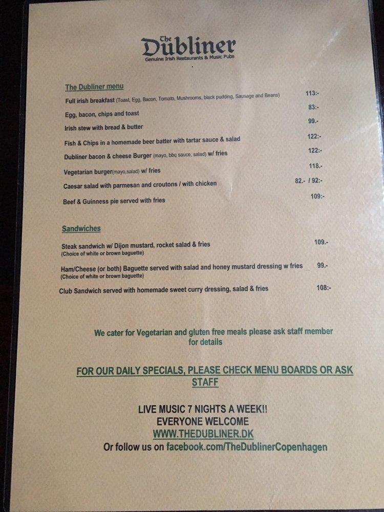 Menu at The Dubliner pub & bar, Copenhagen, Amagertorv 5