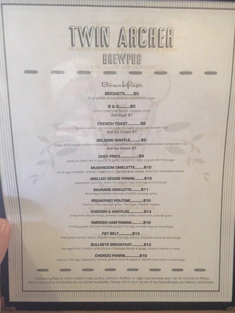 Carta de Twin Archer Brewpub, Muncie
