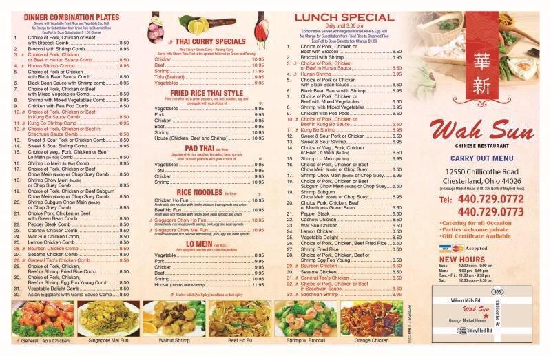 Menu at Wah Sun restaurant, Chesterland