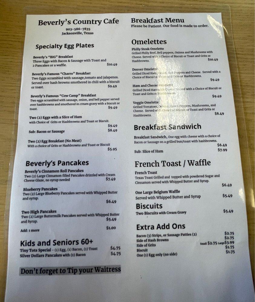 Menu at Beverly's Country Cafe, Jacksonville, S Jackson St