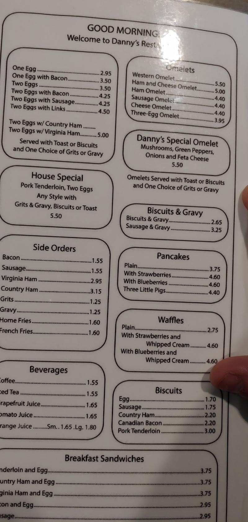 Menu at Danny's Restaurant, Greensboro