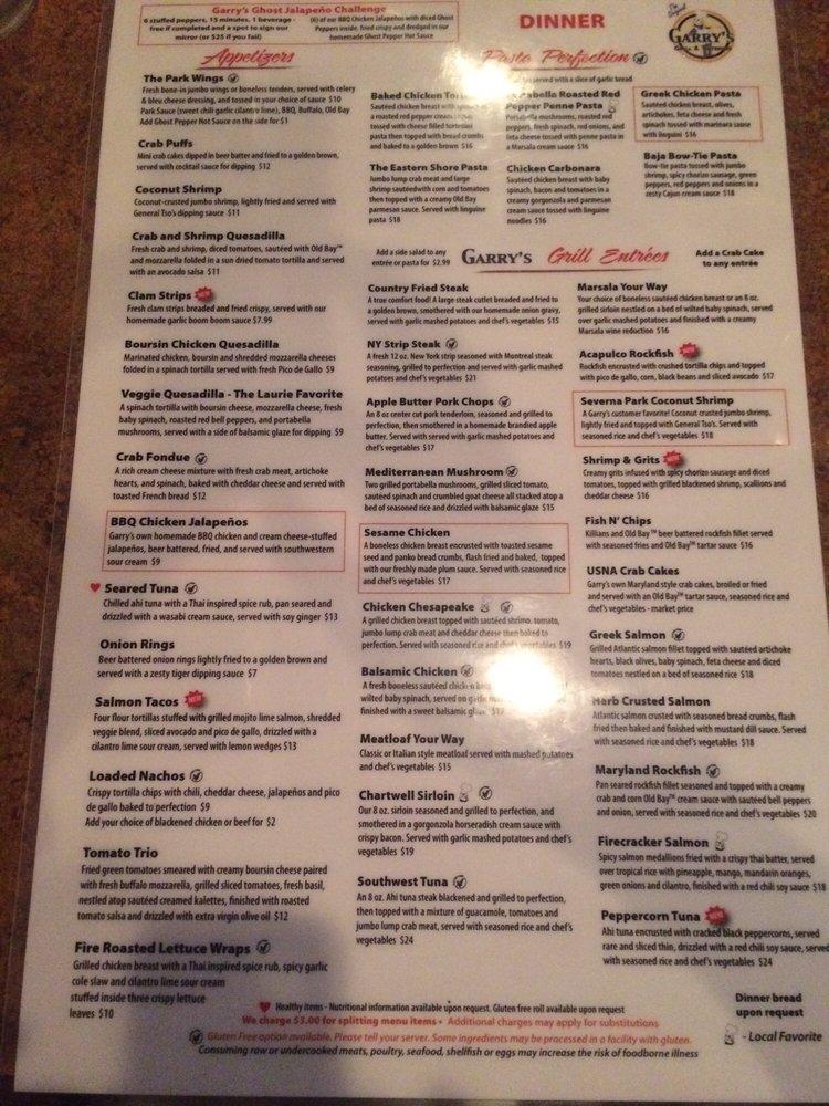 Menu at Garry's Grill restaurant, Severna Park