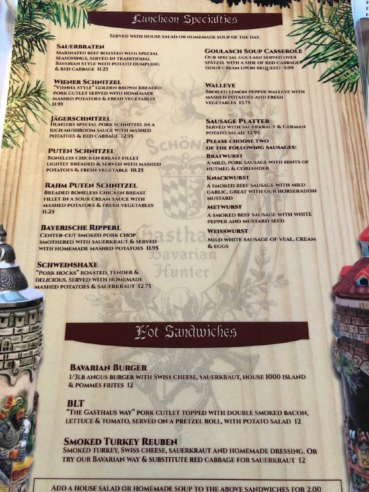 Menu at Gasthaus Bavarian Hunter restaurant, Stillwater