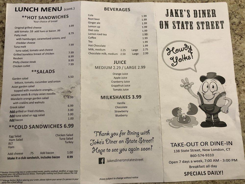 Menu at Jake's Diner on State Street restaurant, New London
