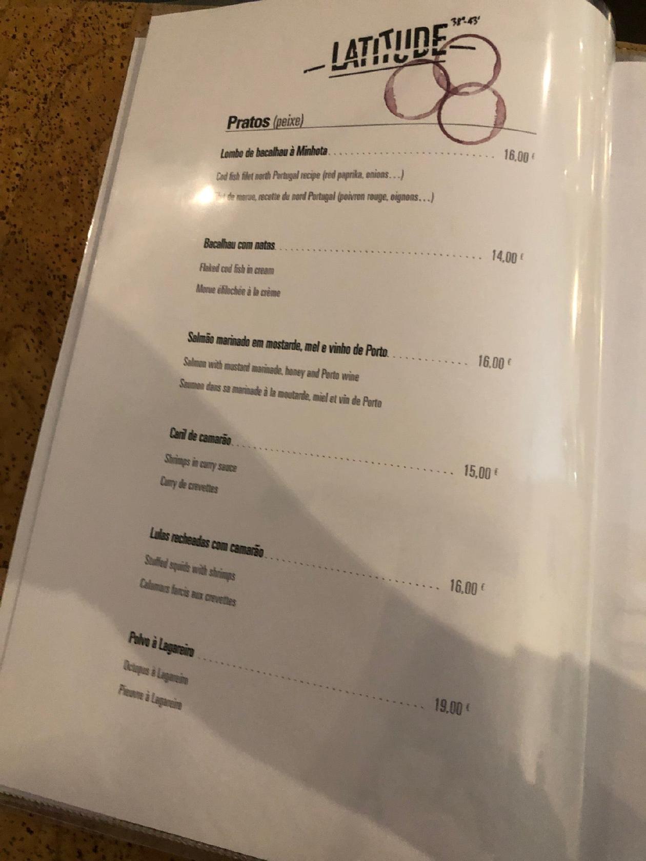 Menu at Restaurant Latitude 38º43', Lisbon