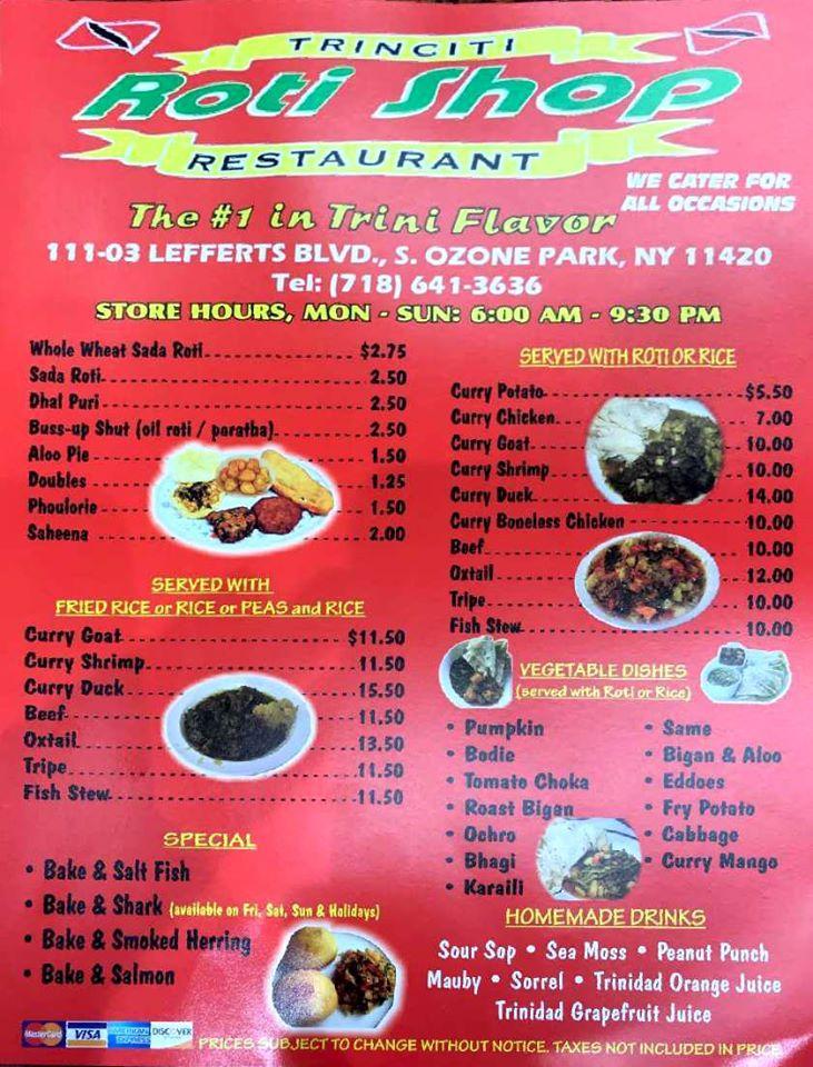 Menu at Trinciti Roti Shop & Restaurant, New York City