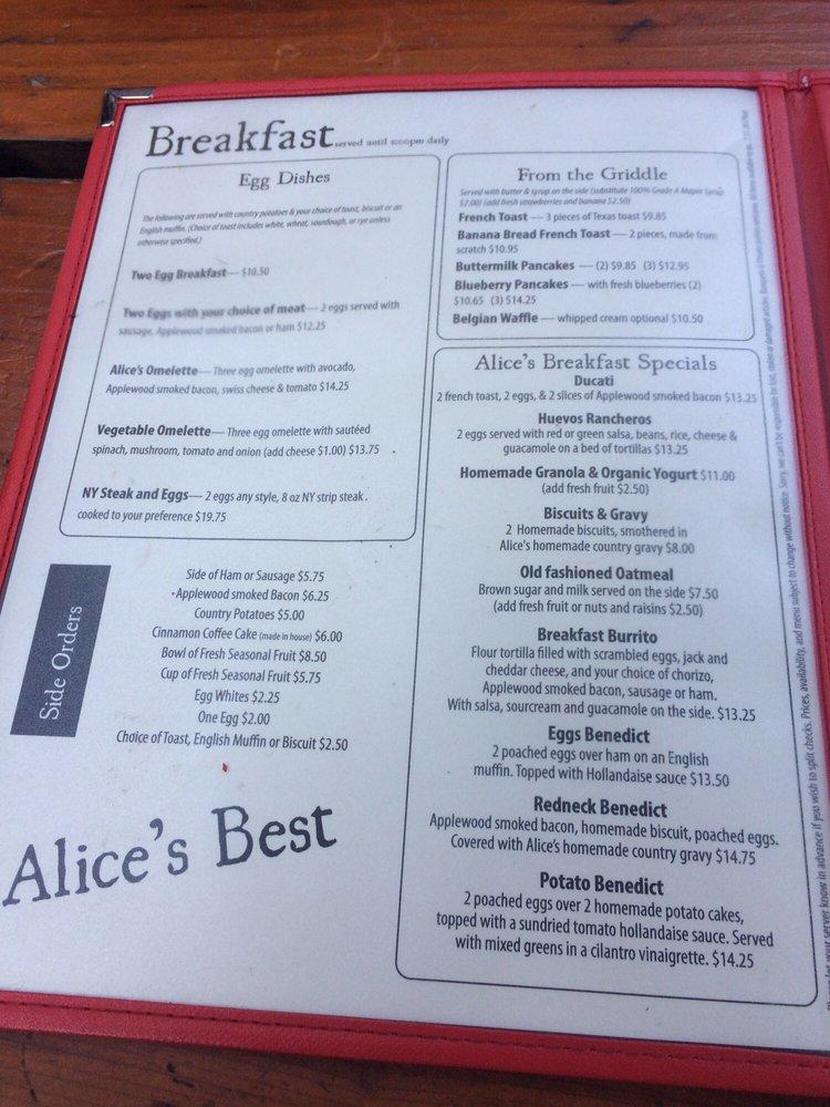 Menu at Alice's Restaurant, Woodside, Skyline Blvd