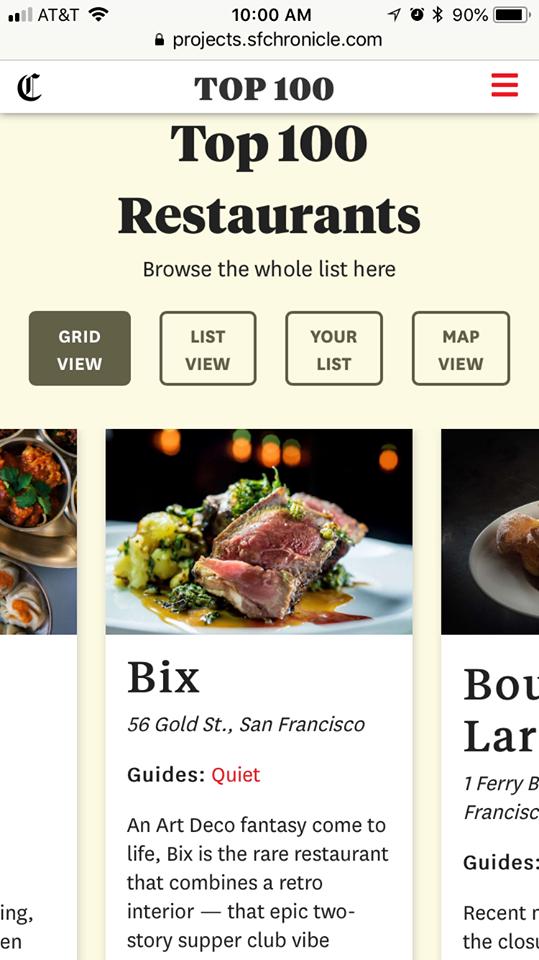 Menu at Bix restaurant, San Francisco