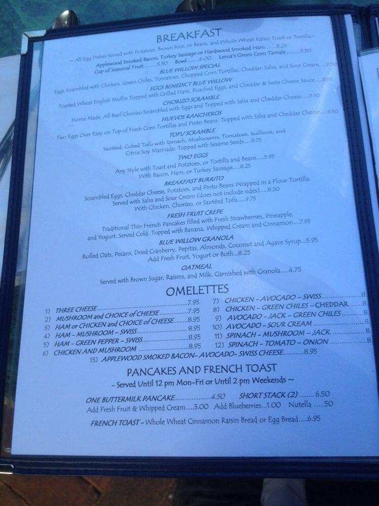 Menu at Blue Willow Restaurant & Gift Shop, Tucson, N Campbell Ave
