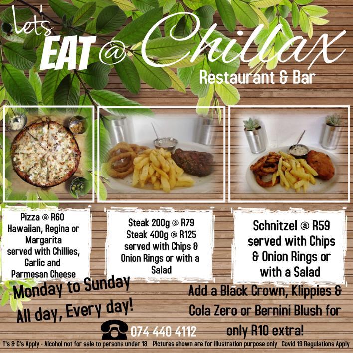 Menu at Chillax Restaurant and Bar LHP, Bloemfontein