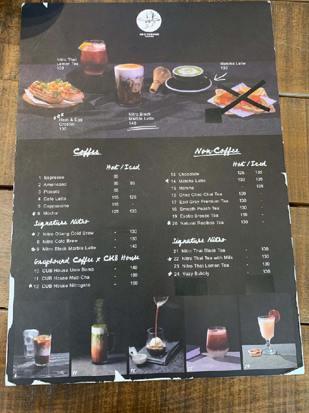Menu at Greyhound Coffee at CUB House Flagship Store, Bangkok