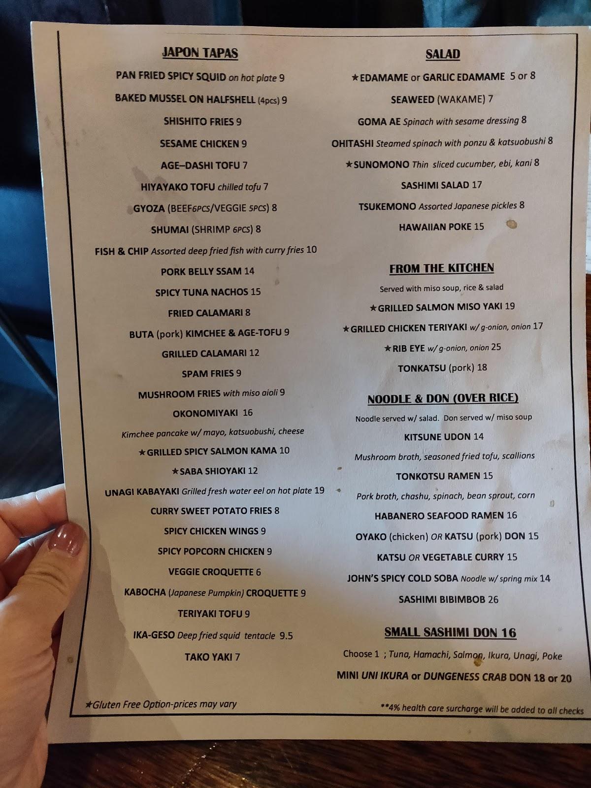 Menu at Kazan restaurant, San Francisco