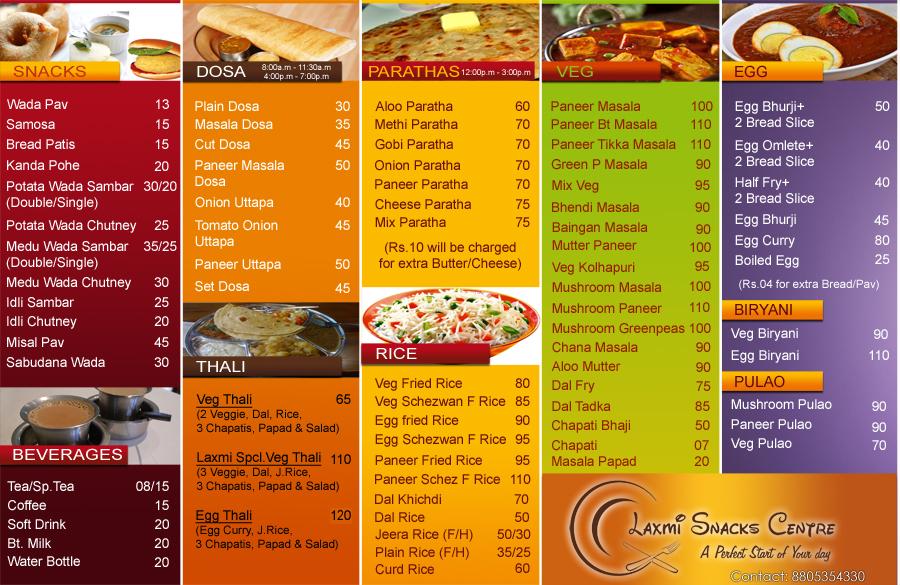 Menu at Laxmi Snacks Center, Pune, Koregaon Rd