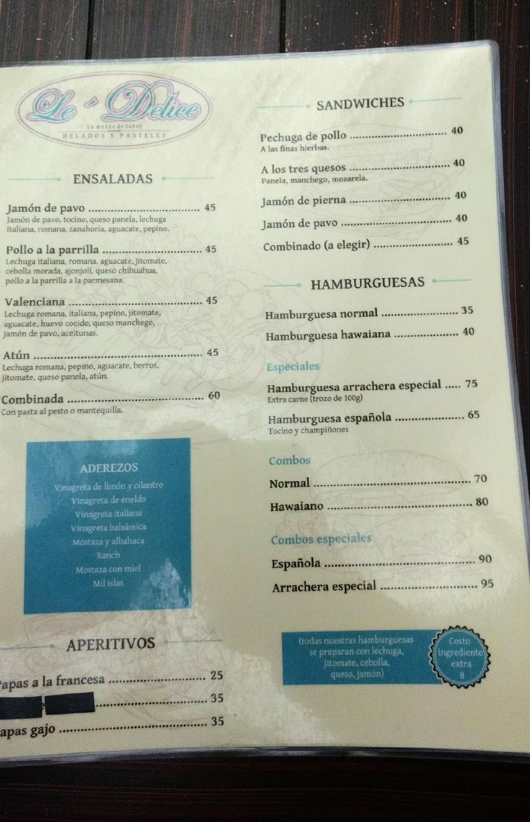 Menu at Le' Delice desserts, Mexico City